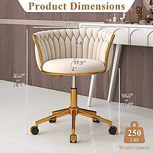 ABET Desk Chair with Wheels, Modern Velvet Office Chair for Desk, Hand Woven Vanity Makeup Chair for Girls Women Bedroom, 360° Swivel & Height Adjustable Gold Base Task Armchair, Beige
