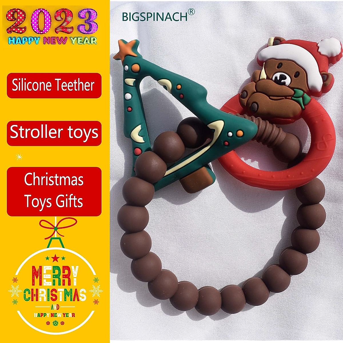 BIGSPINACH Baby's First Christmas Teether Christmas Tree and Christmas Bear Rattle Teething Ring Silicone Teething Toys for Kids Christmas Gifts or Christmas Stocking Filler