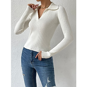 SHENHE Women's Casual V Neck Long Sleeve Knitted Pullover Polo Sweater Jumper Tops White L