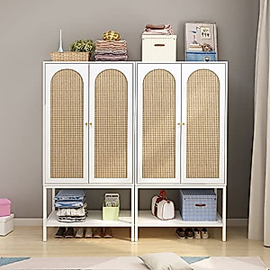 QEIUZON Wardrobe Closet, Rattan Freestanding Wardrobe Cabinet with Storage Cubes & Hanging Rod, Bedroom Armoire Clothes Organizer, 2-Doors-White
