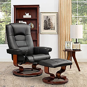 AVAWING Recliner Chair with Ottoman Adjustable Swivel Chair with Footrest 360° Swivel PU Leather Reclining Chair with Footrest for Living Room Recliner and Ottoman with Wood Base, Black