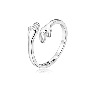 papasgix Hug Ring for Women 925 Sterling Silver,Hug Rings Silver Hugging Hands Open Promise Ring Jewelry Hug Hands Mens Rings Couples Wedding Bands (Silver)