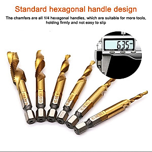 Omninmo 6 Pcs 1/4" Hex Shank Titanium Combination Drill Tap Bit Set Screw Tapping Countersink Drill Bits Metric Thread M3-M10 Taps Tool(M3, M4, M5, M6, M8, M10)