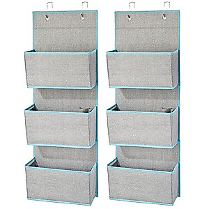 mDesign Fabric Hanging Organizers for Over the Door Storage In Bedroom/Hallway Closets, 3 Pocket Organizer Caddy with Hooks for Linens, Clothing, Accessories, Lido Collection, 2 Pack, Gray/Teal Blue