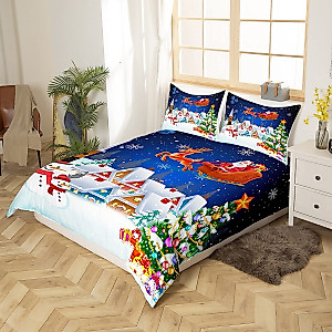 Manfei Christmas Duvet Cover Set Queen Size, Snowman Xmas Tree Print Comforter Cover Santa Claus with Reindeer Bedding Set 3pcs for Kids Girls New Year Theme Bedspread Cover,2 Pillowcases,No Comforter