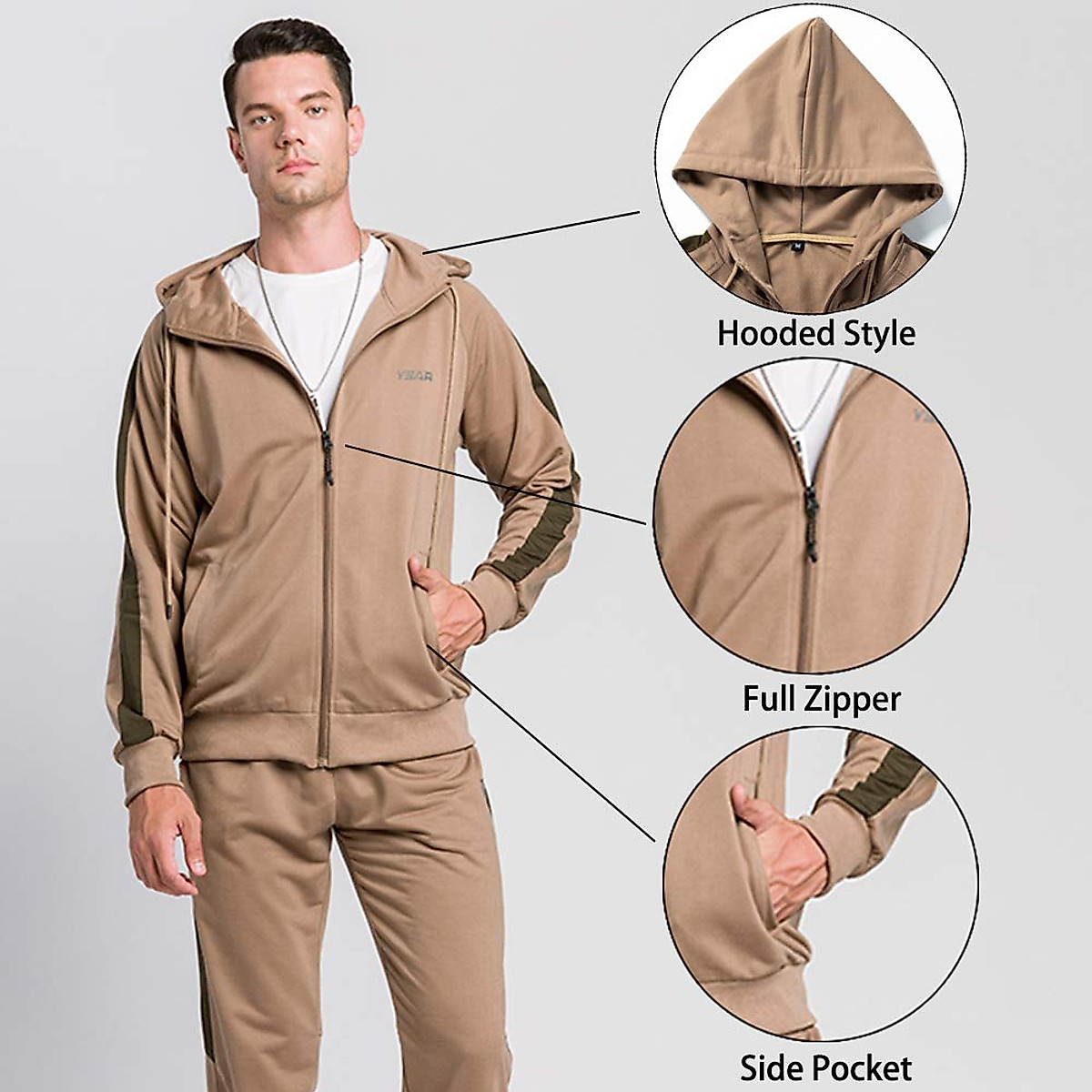 MANLUODANNI Men's Tracksuit Athletic Sports Casual Full Zip Sweatsuit with Hoodie, Khaki-XL