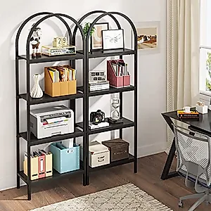LITTLE TREE 4-Tier Arched Bookshelf, Tall Open Bookcase Storage Shelves, Wood Metal Freestanding Display Rack Tall Shelving Unit for Home Office, Bedroom, Living Room, Industrial Black