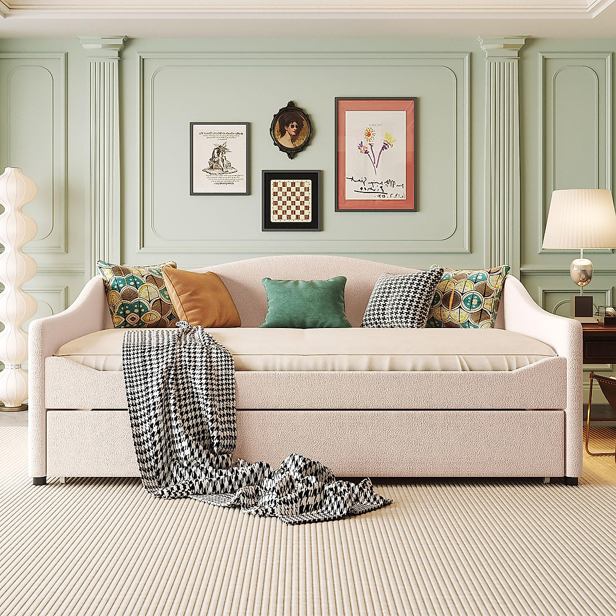 Luxo Abode Full Size Teddy Fleece Upholstered Daybed with Smart LED Light and Trundle, Solid Wood Bed Frame, Easy to Assembly and No Box Spring Need, for Bedroom, Apartment, Guest Room, Beige