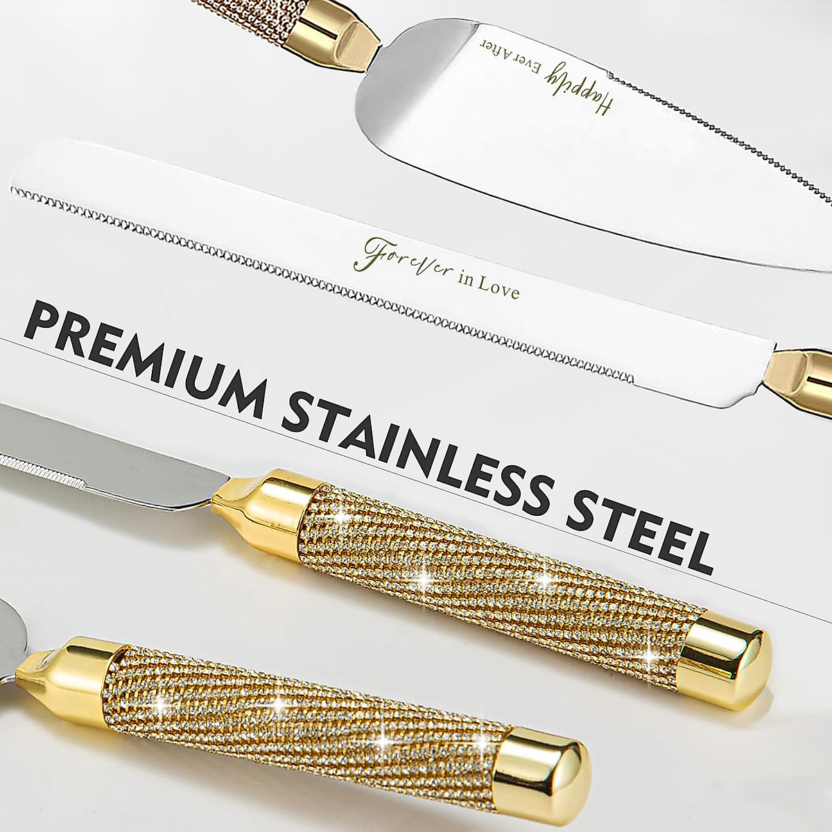 ROXBURGH Wedding Cake Knife and Server Set, 420 Stainless Steel Gold Cake Cutter and Pie Server Slicer, Rhinestones Studded Handle Cake Cutting Set for Wedding, Engagement Present for Groom and Bride