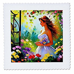3dRose Smiling Young Lady with a Bunch of Flowers in The Garden. Cool... - Quilt Squares (qs-379109-5)