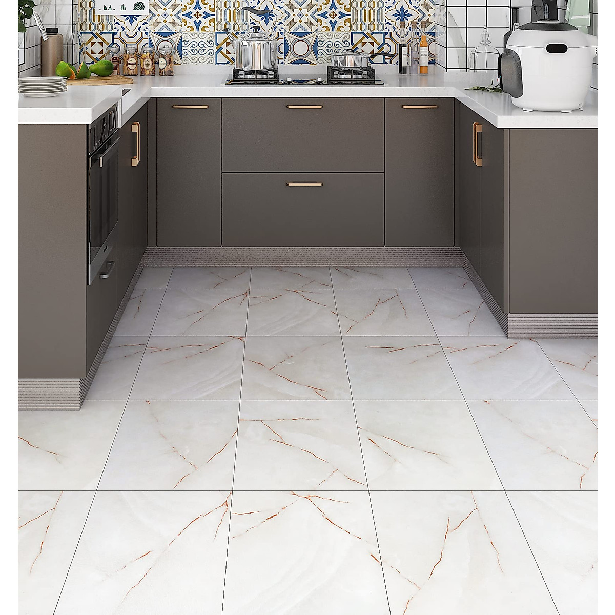 FunStick 30 Pack Grey Vinyl Flooring Peel and Stick Floor Tiles 12x12 Inch Pink Marble Waterproof for Bathroom and Kitchen