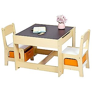 Kinlife Kids Table and Chair Set - 3 in 1 Wood Activity Table and 2 Chairs,Toddlers Arts Crafts Drawing Reading Playroom, Tabletop Storage Space Gift for Boys & Girls