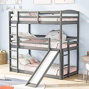 Triple Bunk Bed with Slide,Twin-Over-Twin-Over-Twin Bunkbeds with Ladder and Safety Guardrails for Kids/Teen/Adults Bedroom,Can Divided into 2 Beds,No Box Spring Needed,Pine Wood,Gray