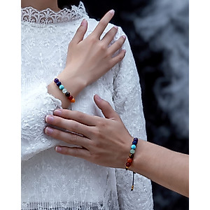 7 Chakra Stones Bracelets, 2pcs Handmade Natural Carnelian Crystal Adjustable Bracelet with Wish Card - Braided Beaded Rainbow LGBTQ Bracelet Healing Anxiety Jewelry Set Yoga Reiki Gift