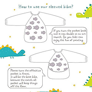 Hi Sprout Infant Toddler Baby Waterproof Sleeved Bib, Bib with Sleeves&Pocket, 6-24 Months (Dinosaurs)