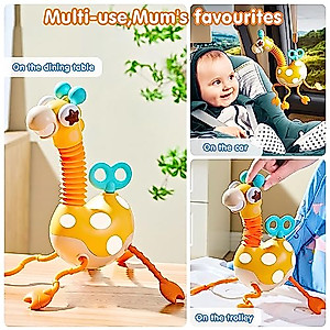 VATOS Baby Sensory Toys Montessori Food Grade Silicone Pull String Activity Toy,Giraffe Toy with Twisting Clockwork & Neck Pop Tube for Fine Motor Skills,Travel Toys for Babies,Infants Toddlers 18M+