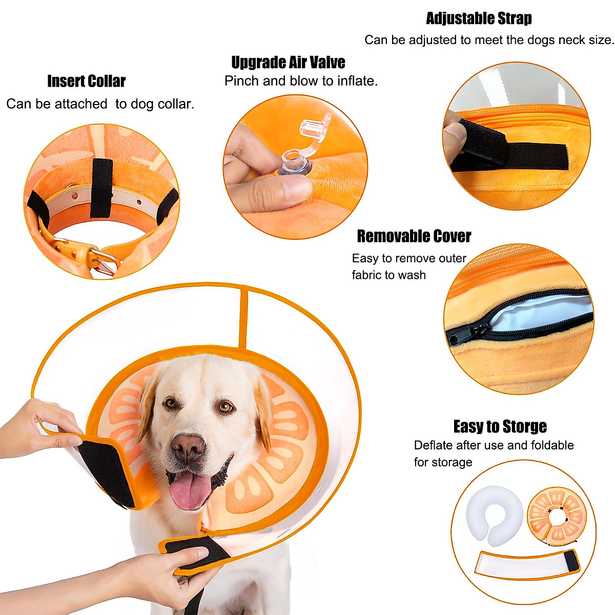Inflatable Dog Cone Collar for Large Medium Small Dogs, Soft Dog Donut Collar Adjustable Recovery Cone for Pets After Surgery, Extra Enhanced Anti-Licking Guard Shield for Pets (X-Large, Orange)