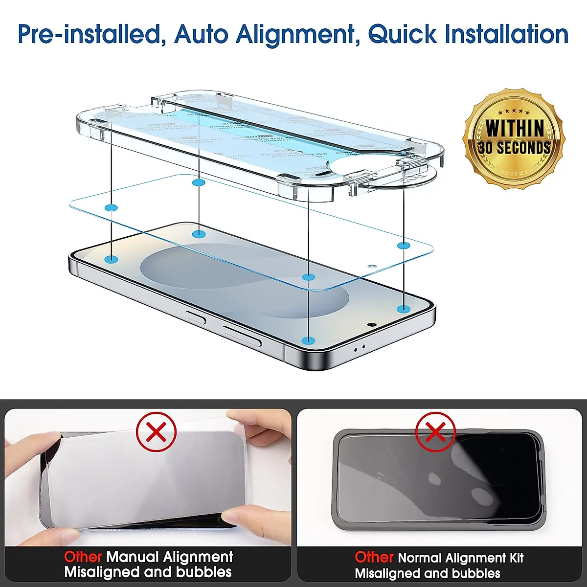 amFilm Auto-alignment OneTouch for Samsung Galaxy S25+ Plus 6.7'' Screen Protector + Camera Lens Protector, Tempered Glass, 30 seconds Installation, Bubble Free, Case Friendly, Anti-Scratch [2+2 Pack]
