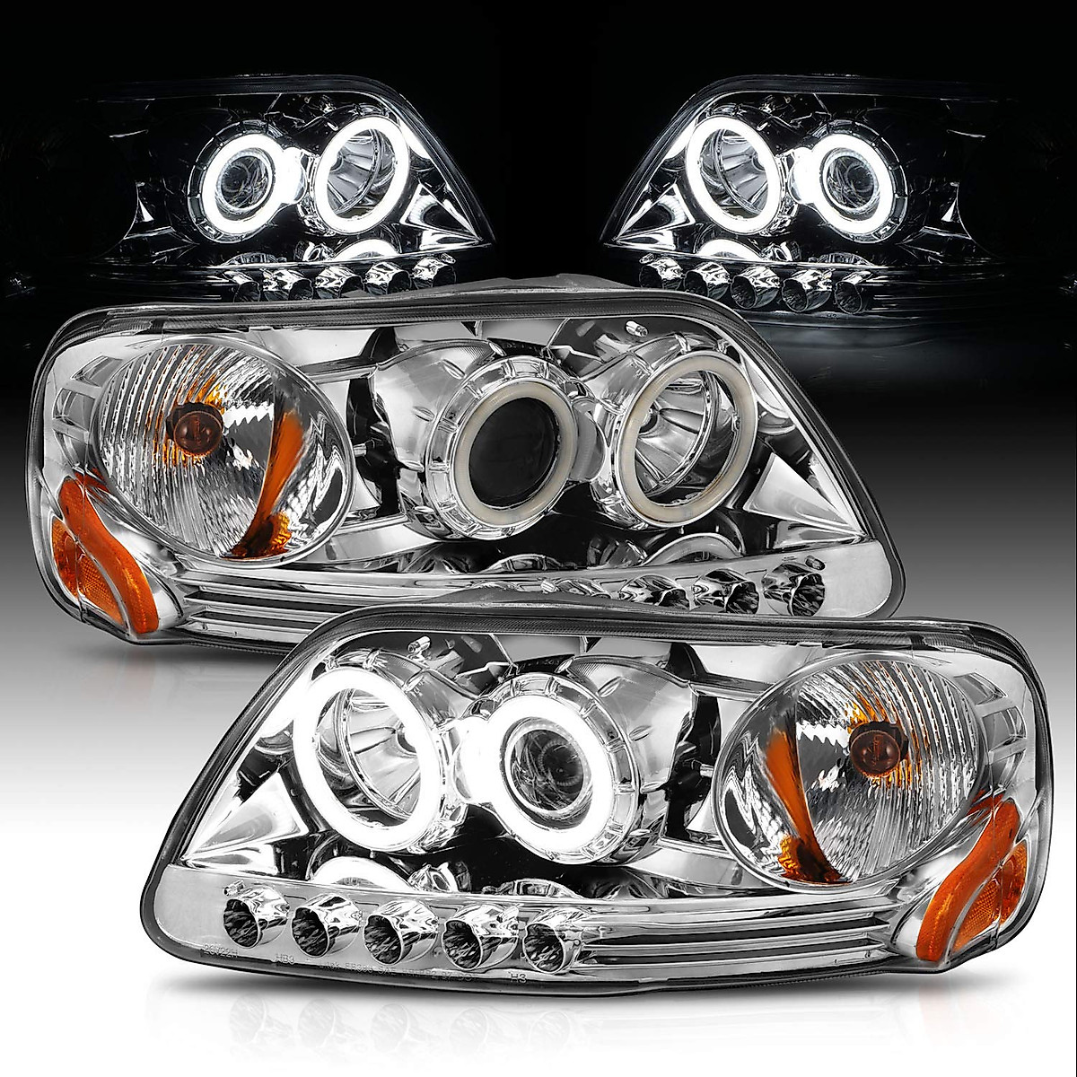 AmeriLite for 1997-2003 Ford F150 F-Series Expedition Chrome Projector Replacement Headlights Assembly Xreme LED Halos Included Bulbs - Passenger and Driver Side