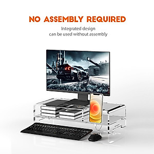 BEYGORM Acrylic Monitor Stand Riser, Wide 20", 2 Tier Computer Stand with Storage, Desk Organizer Desktop Printer Stand Laptop Storage Shelf Screen Holder with Phone Holder(Clear)