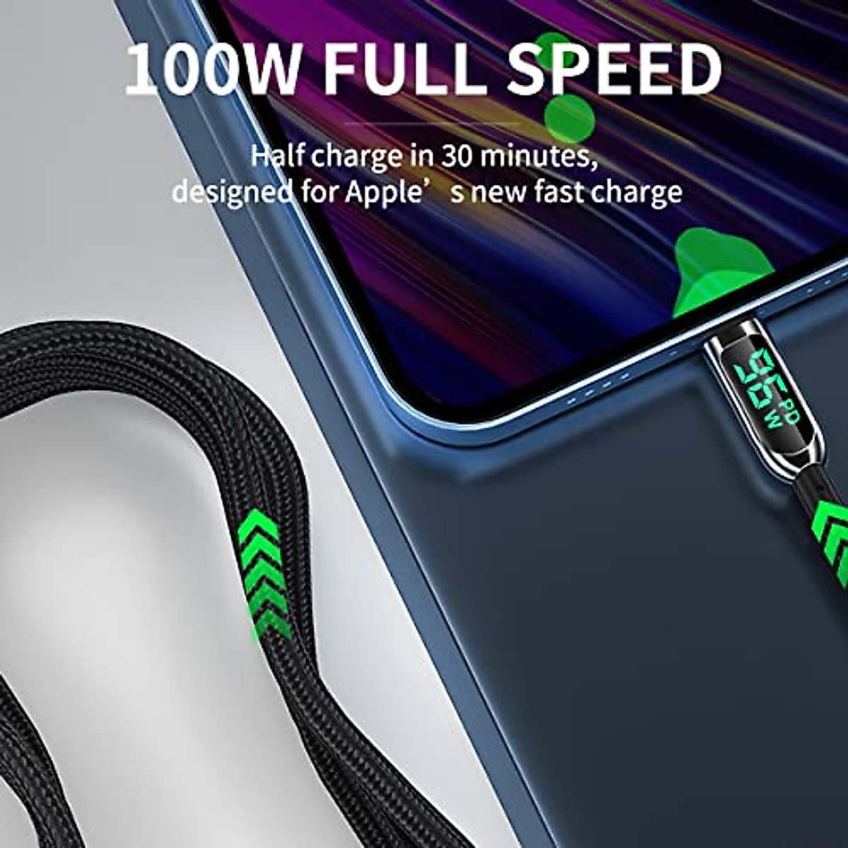 AICase USB C to USB C Cable with Led Display PD 100W Fast Charge - 3.9FT Type C 5A Power Delivery Nylon Braided Charging Cord Compatible for MacBook Pro 2021 Pad Pro Galaxy S22 S21 Note 20