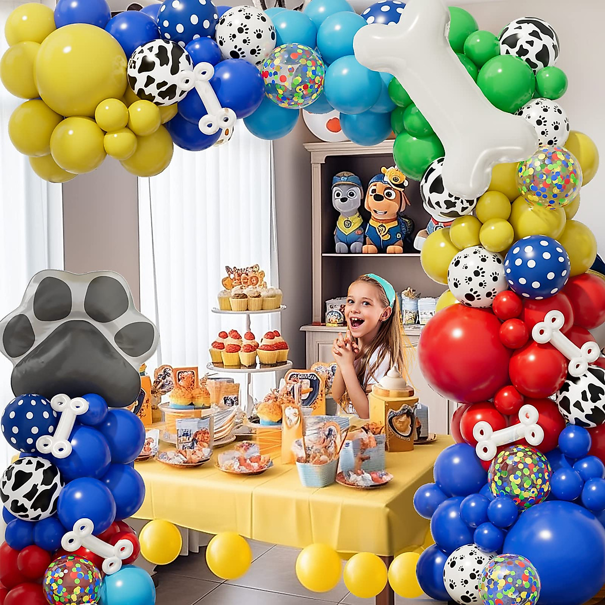 Bonropin 143pcs Paw Balloons Garland Arch Kit with Red Yellow Blue Puppy Paw Latex Balloons Bone Paw Print Foil Balloons for Dog Patrol Themed Birthday Party Supplies Baby Shower Decorations