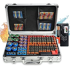 Deluxe Hard Aluminum 200 Battery Storage Organizer case with tester, Safe Fireproof Batteries container holder caddy box with handheld checker, hold 60 AA, 86 AAA, 8 C, 8 D, 8 9V Batteries(no battery)