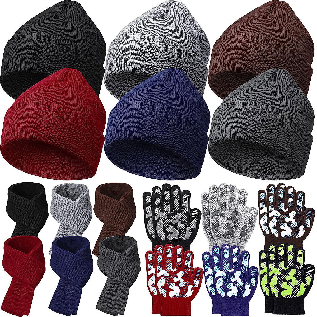 Suhine 18 Pcs Kids Beanies Scarves Gloves Set - Knitted Scarves, Wrap Winter Beanie Hat for Boys Girls 5-10