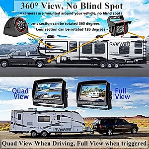 Backup Camera System with 9'' 1080P Monitor for RV Semi Box Truck Trailer Camper, 4 Split Screen Quad View HD DVR Record Monitor + IP69 Waterproof Night Vision Rear Side View Camera Avoid Blind Spot