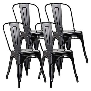 JUMMICO Iron Metal Dining Chair Stackable Indoor-Outdoor/Classic/Chic Industrial Vintage Chairs Bistro Kitchen Cafe Side Chairs with Back Set of 4 (Black)