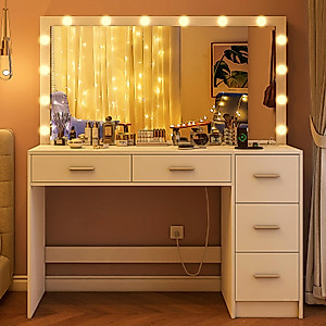 FIONESO 47.2" Large Vanity Desk with Mirror & 14 LED Lights, Makeup Vanity Table with 5 Drawers & Charging Station, Makeup Vanity Desk, 3 Lighting Colors, Dressing Vanity Table for Bedroom, White