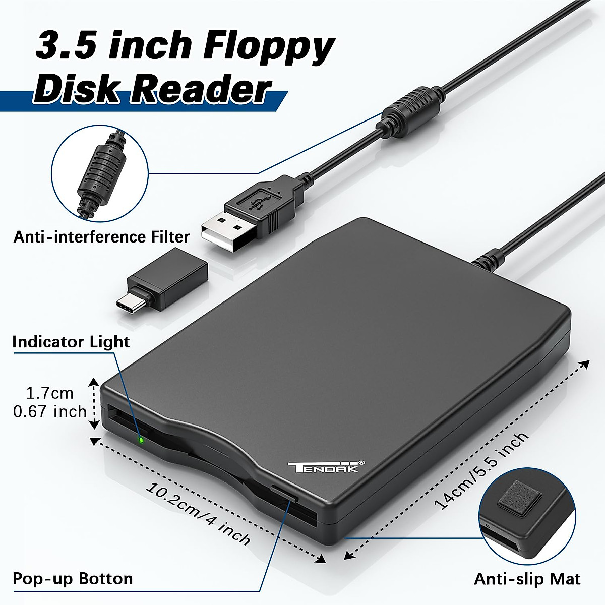 Tendak USB Floppy Disk Drive, Floppy Disk Reader 3.5 inch Portable USB External 1.44MB FDD Diskette Drive for Windows 11/10/8/7/2000/XP/Vista PC Laptop, Plug and Play (Black)