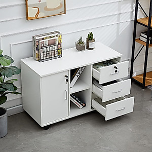 CLIPOP Mobile Office Cabinet w/ 3 Drawers(1 Lockable), Storage Cabinet, Open Storage Shelves, Under Desk Rolling Lateral File Cabinet with 5 Wheels Printer Stand Cabinet for Home Office(White)