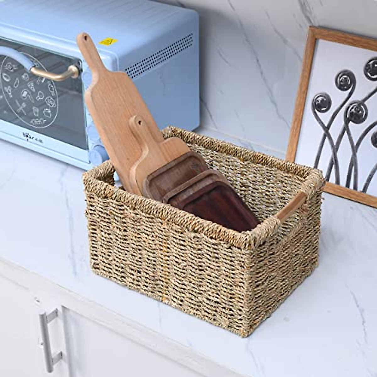 Teri Tale Seagrass Storage Baskets with Wooden Handles, Rectangular Wicker Baskets for Organizing - Decorative Wicker Storage Basket for Living Room (Large)