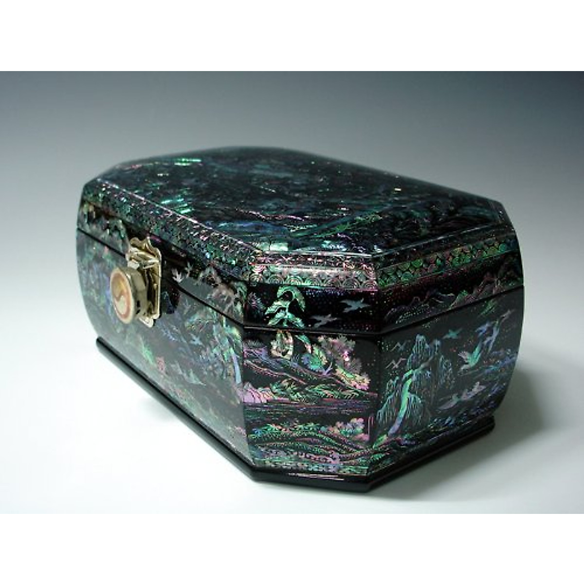 Mother of Pearl Inlaid Landscape Design Lacquered Black Octagonal Luxury Wooden Asian Handcrafted Jewelry Trinket Keepsake Treasure Box Case Chest Organizer