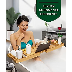Foldable Bathtub Tray Caddy Bamboo Bathtub Tray Expandable, Bath Tub Table Caddy with Extending Sides - Free Soap Dish