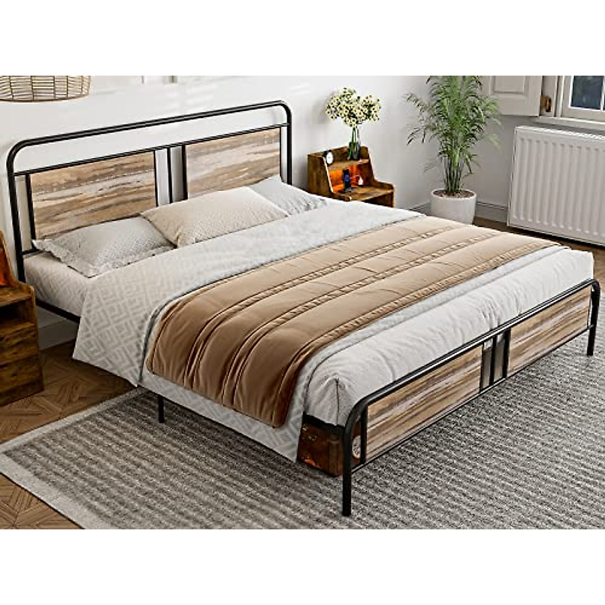 IKIFLY King Bed Frame with Industrial Wood Headboard/Footboard, Heavy Duty Metal Slats Support, Under-Bed Storage, No Box Spring Needed - Wood Brown