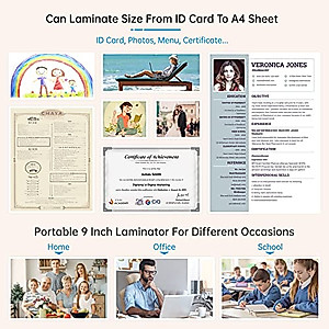 Buyounger Laminator, Laminator Machine with Laminating Sheets & 60s Warm Up, 6 in 1 Hot & Cold A4 Laminating Machine, 9-Inch Personal Thermal Laminator with 20 Pouches for Home School Office