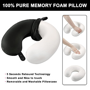 urnexttour Travel Neck Pillow Airplane, Soft Memory Foam Support Head Neck Chin, with Removale Cover and Adjustable Snap Button, Comfortable Sleeping in Plane Car Train Traveling Office Home, Black