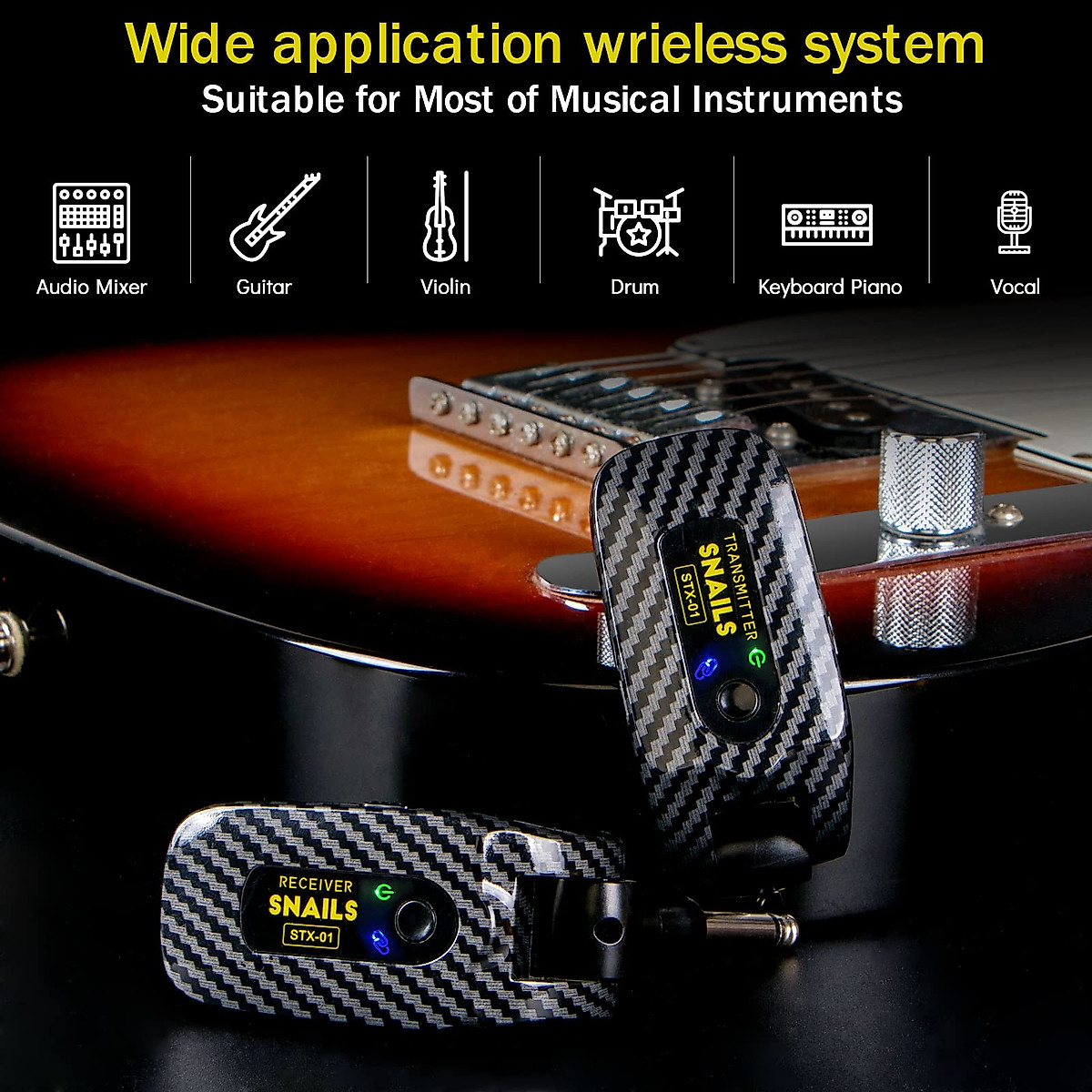 Wireless Guitar Transmitter Receiver with 4 Channels and Over 10 Hours Long Battery Life for Electric Guitar + lotmusic Crunch Distortion Electric Guitar Effects Pedal