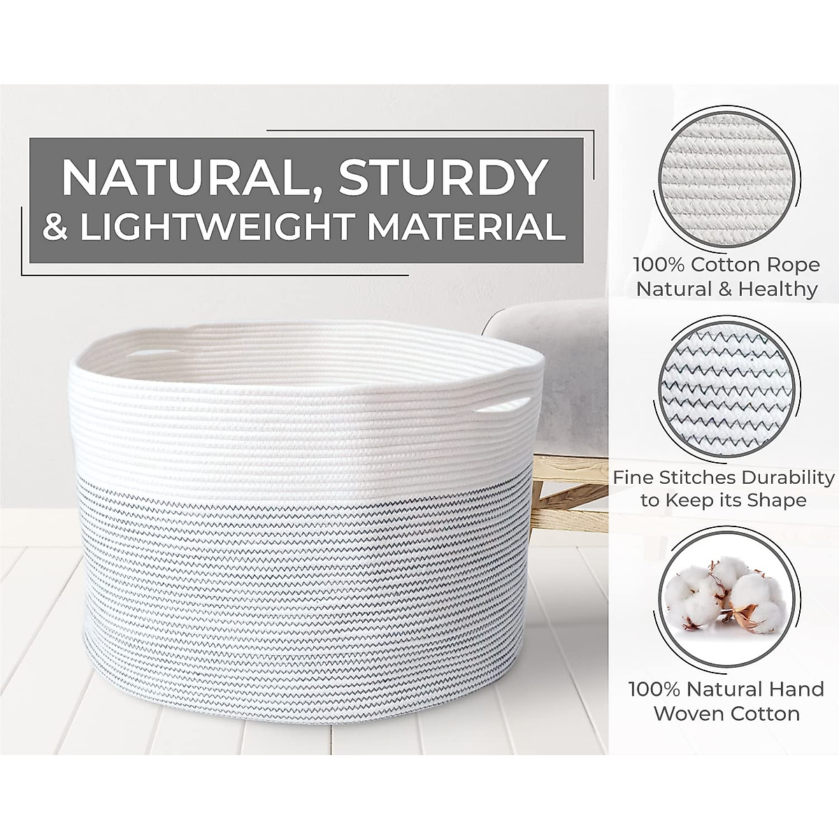 HOMYAM Throw Blanket Basket for Living Room | XXXLarge Rope Basket for Storage | Large Woven Basket for Storage | Pillow Basket & Blanket Holder for Bedroom | Woven Laundry Hamper Basket - 22" x 14"