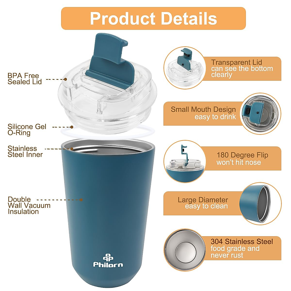 PHILORN Coffee Mug with Lid, 12 OZ Travel Mug, Leak-proof to go Coffee Mug, Stainless Steel Thermal Coffee Mug with Double Wall, Insulated Coffee Tumbler for Men and Women for Hot & Cold Drinks…