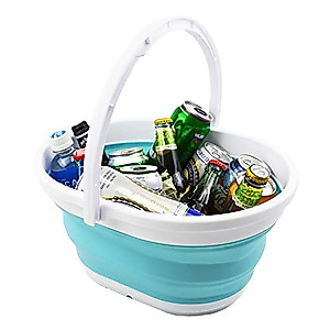 SAMMART 11L (2.9 Gallon) Collapsible Basket with Handle - Portable Outdoor Picnic Basket/Crater - Foldable Shopping Bag - Space Saving Storage Container (White/Haze Blue)