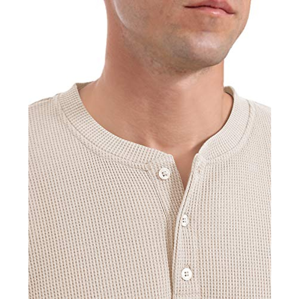 QUALFORT Men's Waffle Henley Shirt Lightweight Long Sleeve Classic Stitch Pullover Sweater Beige Large