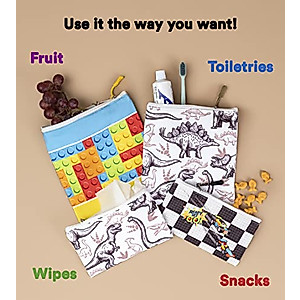 Wolla Reusable Snack Bags for Kids - 100% Cotton Reusable Sandwich Bags Dishwasher Safe - Snack Bag for Kids School - Reusable Sandwich Bags for Kids - BPA-Free Food-Safe Waterproof (Brick Building + Dinosaur)