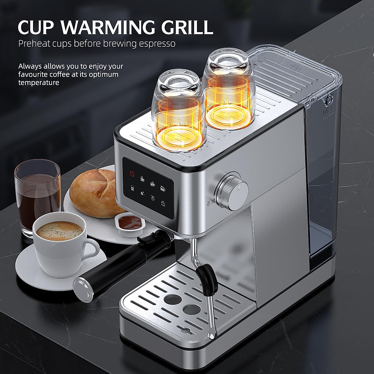 QJA Espresso Machine, 20 Bar Professional Espresso Maker, Milk Frother Steam Wand for Latte, Compact Stainless Steel Machine with 57.5oz Removable Water Tank and LED Touchscreen Monitors