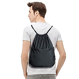 BuyAgain Drawstring Backpack Sports Water Resistant String Bag Sport Gym Sackpack for Women Men Large with Zipper, Black