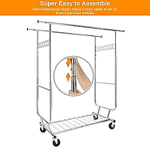 ALUPOM Extendable Double Rod Clothing Rack on Wheels with Shelves Capacity 330lbs, Heavy Duty Rolling Chrome Commercial Garment Rack for Hanging Clothes