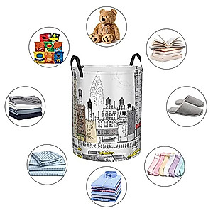 Laundry Basket,Busy City Traffic Jam Yellow Taxi Cab Urban Life Cartoon Design Modern Style Art,Large Canvas Fabric Lightweight Storage Basket/Toy Organizer/Dirty Clothes Collapsible Waterproof For College Dorms-Large