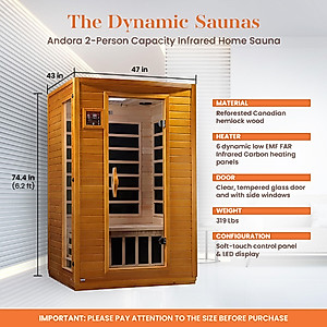 Dynamic Andora 2 Person Low EMF 6 Heating Panel Infrared Therapy Wood Dry Heat Sauna with MP3 Aux Connection for Home Spa Days - Curbside Delivery